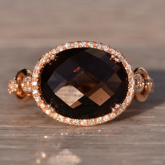 Jewelry | Checkerboard Cut Smokey Quartz And Diamond Halo Ring In Rose ...